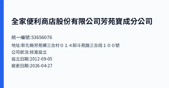全家便利商店股份有限公司芳苑寶成分公司的照片-統編 53656076(彰化縣) 公司登記資料與營業項目詳細圖表