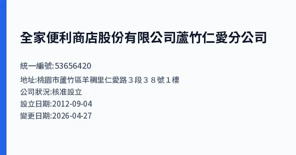 全家便利商店股份有限公司蘆竹仁愛分公司的照片-統編 53656420(桃園市) 公司登記資料與營業項目詳細圖表