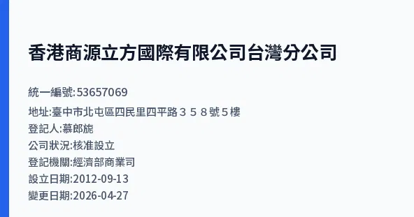 香港商源立方國際有限公司台灣分公司的照片-統編 53657069(臺中市) 公司登記資料與營業項目詳細圖表