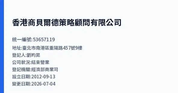 香港商貝爾德策略顧問有限公司的照片-統編 53657119(臺北市) 公司登記資料與營業項目詳細圖表