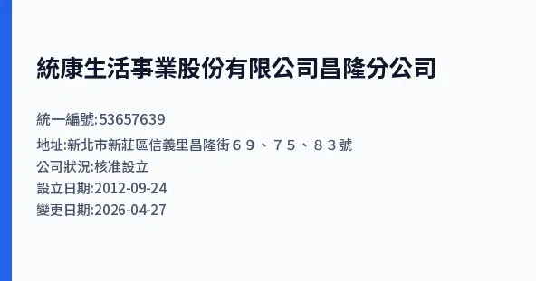 統康生活事業股份有限公司昌隆分公司的照片-統編 53657639(新北市) 公司登記資料與營業項目詳細圖表