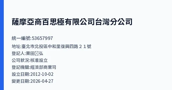 薩摩亞商百思極有限公司台灣分公司的照片-統編 53657997(臺北市) 公司登記資料與營業項目詳細圖表