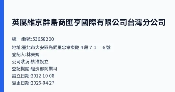 英屬維京群島商匯亨國際有限公司台灣分公司的照片-統編 53658200(臺北市) 公司登記資料與營業項目詳細圖表