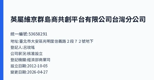 英屬維京群島商共創平台有限公司台灣分公司的照片-統編 53658291(臺北市) 公司登記資料與營業項目詳細圖表