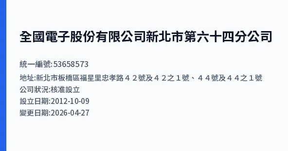 全國電子股份有限公司新北市第六十四分公司的照片-統編 53658573(新北市) 公司登記資料與營業項目詳細圖表