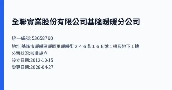 全聯實業股份有限公司基隆暖暖分公司的照片-統編 53658790(基隆市) 公司登記資料與營業項目詳細圖表