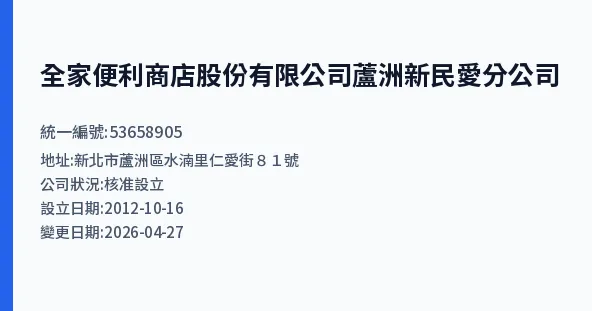 全家便利商店股份有限公司蘆洲新民愛分公司的照片-統編 53658905(新北市) 公司登記資料與營業項目詳細圖表