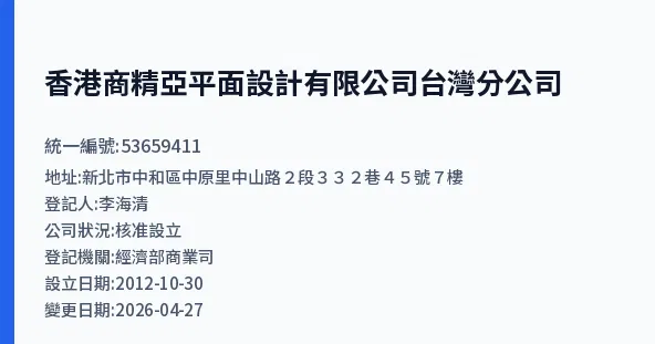 香港商精亞平面設計有限公司台灣分公司的照片-統編 53659411(新北市) 公司登記資料與營業項目詳細圖表