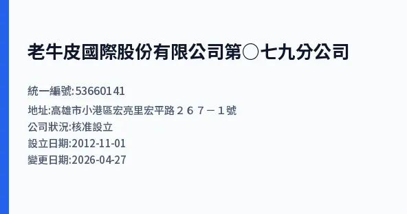 老牛皮國際股份有限公司第○七九分公司的照片-統編 53660141(高雄市) 公司登記資料與營業項目詳細圖表