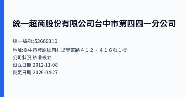 統一超商股份有限公司台中市第四四一分公司的照片-統編 53660310(臺中市) 公司登記資料與營業項目詳細圖表