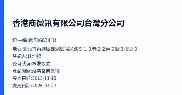 香港商微訊有限公司台灣分公司的照片-統編 53660418(臺北市) 公司登記資料與營業項目詳細圖表