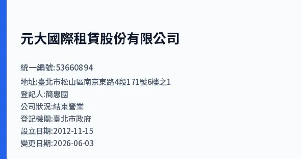元大國際租賃股份有限公司的照片-統編 53660894(臺北市) 公司登記資料與營業項目詳細圖表