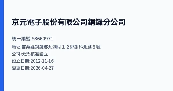 京元電子股份有限公司銅鑼分公司的照片-統編 53660971(苗栗縣) 公司登記資料與營業項目詳細圖表