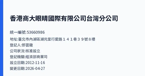 香港商大眼睛國際有限公司台灣分公司的照片-統編 53660986(臺北市) 公司登記資料與營業項目詳細圖表