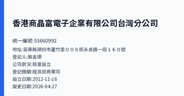 香港商晶富電子企業有限公司台灣分公司的照片-統編 53660992(苗栗縣) 公司登記資料與營業項目詳細圖表