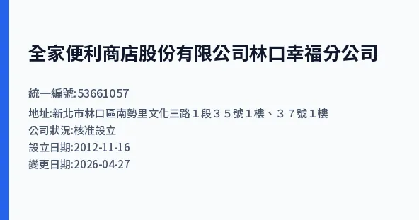 全家便利商店股份有限公司林口幸福分公司的照片-統編 53661057(新北市) 公司登記資料與營業項目詳細圖表