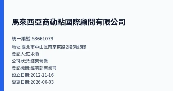 馬來西亞商動點國際顧問有限公司的照片-統編 53661079(臺北市) 公司登記資料與營業項目詳細圖表