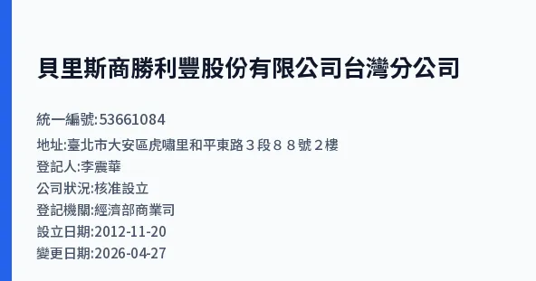 貝里斯商勝利豐股份有限公司台灣分公司的照片-統編 53661084(臺北市) 公司登記資料與營業項目詳細圖表