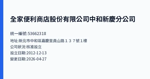全家便利商店股份有限公司中和新慶分公司的照片-統編 53662318(新北市) 公司登記資料與營業項目詳細圖表