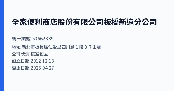 全家便利商店股份有限公司板橋新遠分公司的照片-統編 53662339(新北市) 公司登記資料與營業項目詳細圖表