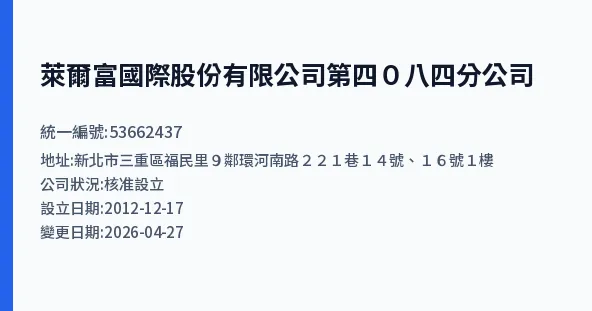 萊爾富國際股份有限公司第四0八四分公司的照片-統編 53662437(新北市) 公司登記資料與營業項目詳細圖表