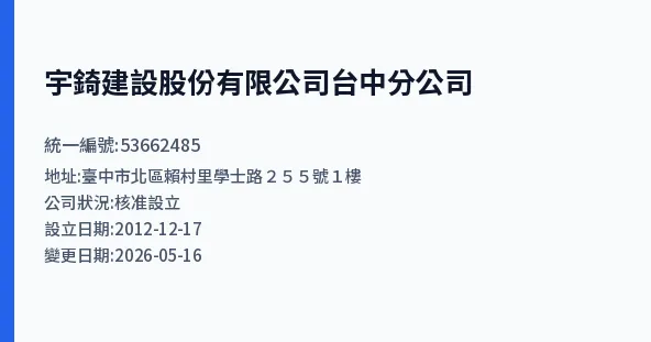 宇錡建設股份有限公司台中分公司的照片-統編 53662485(臺中市) 公司登記資料與營業項目詳細圖表