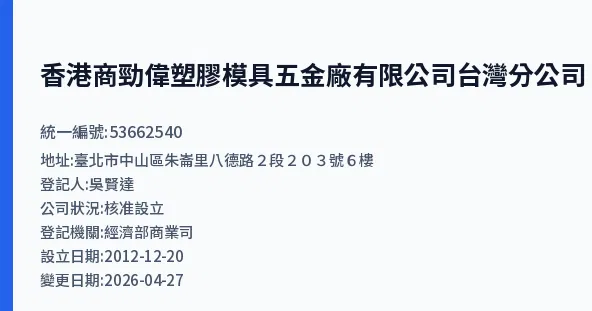 香港商勁偉塑膠模具五金廠有限公司台灣分公司的照片-統編 53662540(臺北市) 公司登記資料與營業項目詳細圖表