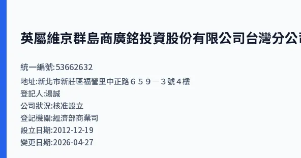 英屬維京群島商廣銘投資股份有限公司台灣分公司的照片-統編 53662632(新北市) 公司登記資料與營業項目詳細圖表
