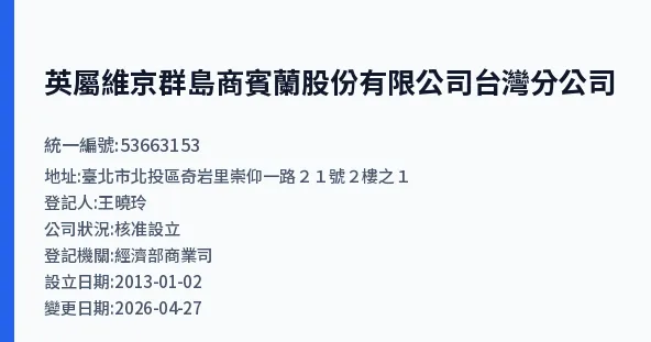 英屬維京群島商賓蘭股份有限公司台灣分公司的照片-統編 53663153(臺北市) 公司登記資料與營業項目詳細圖表