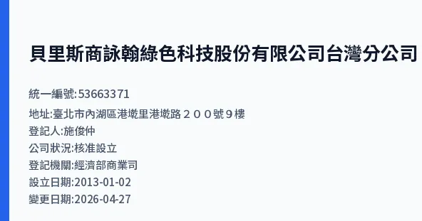 貝里斯商詠翰綠色科技股份有限公司台灣分公司的照片-統編 53663371(臺北市) 公司登記資料與營業項目詳細圖表