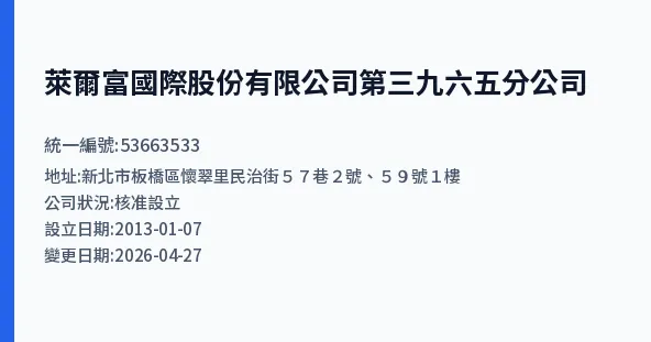 萊爾富國際股份有限公司第三九六五分公司的照片-統編 53663533(新北市) 公司登記資料與營業項目詳細圖表