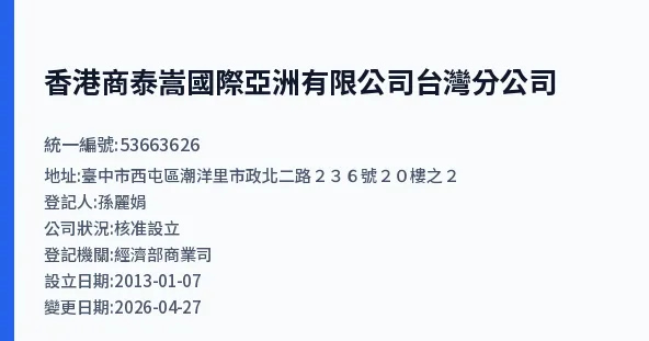 香港商泰嵩國際亞洲有限公司台灣分公司的照片-統編 53663626(臺中市) 公司登記資料與營業項目詳細圖表