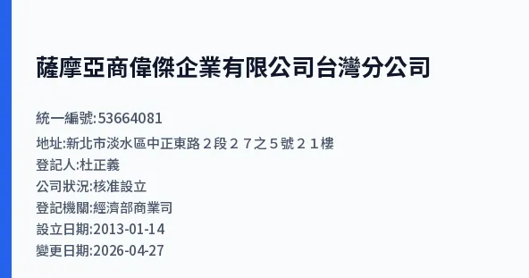 薩摩亞商偉傑企業有限公司台灣分公司的照片-統編 53664081(新北市) 公司登記資料與營業項目詳細圖表
