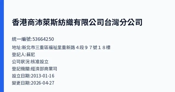 香港商沛萊斯紡織有限公司台灣分公司的照片-統編 53664250(新北市) 公司登記資料與營業項目詳細圖表