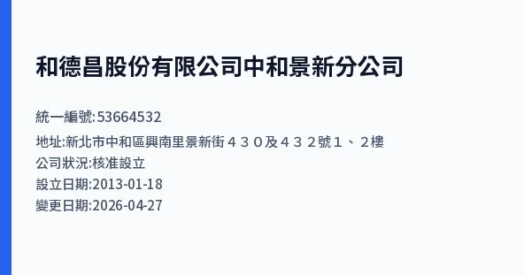 和德昌股份有限公司中和景新分公司的照片-統編 53664532(新北市) 公司登記資料與營業項目詳細圖表