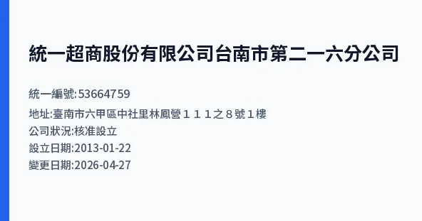 統一超商股份有限公司台南市第二一六分公司的照片-統編 53664759(臺南市) 公司登記資料與營業項目詳細圖表