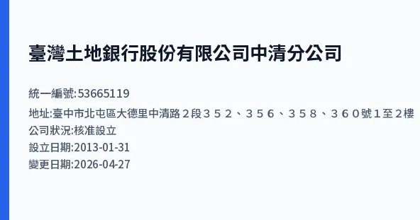 臺灣土地銀行股份有限公司中清分公司的照片-統編 53665119(臺中市) 公司登記資料與營業項目詳細圖表