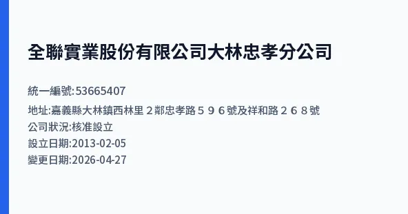 全聯實業股份有限公司大林忠孝分公司的照片-統編 53665407(嘉義縣) 公司登記資料與營業項目詳細圖表