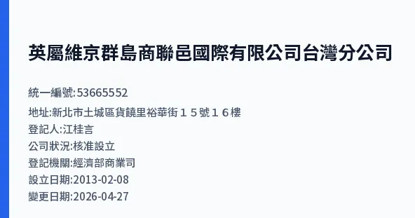 英屬維京群島商聯邑國際有限公司台灣分公司的照片-統編 53665552(新北市) 公司登記資料與營業項目詳細圖表