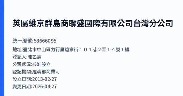 英屬維京群島商聯盛國際有限公司台灣分公司的照片-統編 53666095(臺北市) 公司登記資料與營業項目詳細圖表