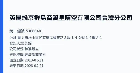 英屬維京群島商萬里晴空有限公司台灣分公司的照片-統編 53666481(臺北市) 公司登記資料與營業項目詳細圖表