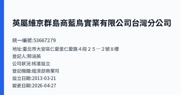 英屬維京群島商藍鳥實業有限公司台灣分公司的照片-統編 53667279(臺北市) 公司登記資料與營業項目詳細圖表
