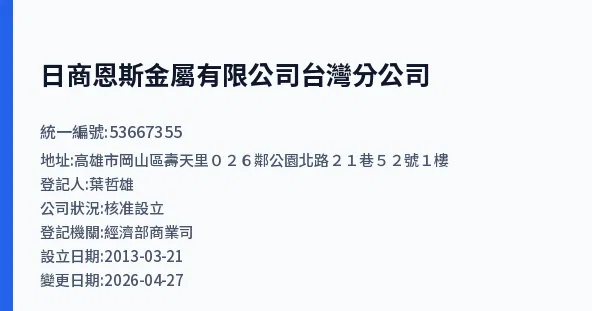 日商恩斯金屬有限公司台灣分公司的照片-統編 53667355(高雄市) 公司登記資料與營業項目詳細圖表