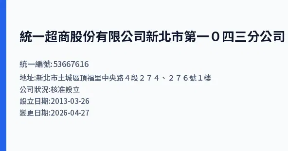 統一超商股份有限公司新北市第一0四三分公司的照片-統編 53667616(新北市) 公司登記資料與營業項目詳細圖表