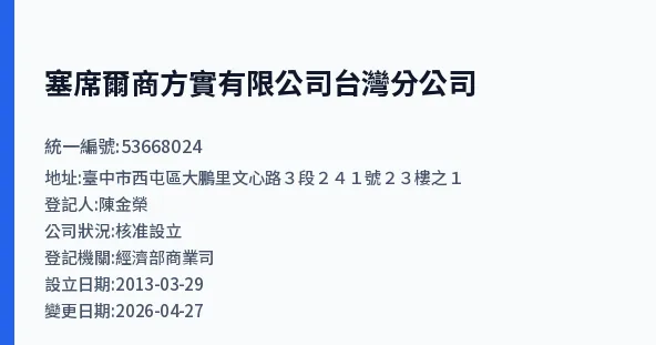 塞席爾商方實有限公司台灣分公司的照片-統編 53668024(臺中市) 公司登記資料與營業項目詳細圖表