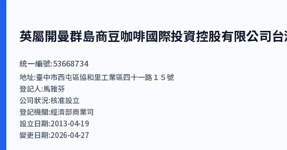 英屬開曼群島商豆咖啡國際投資控股有限公司台灣分公司的照片-統編 53668734(臺中市) 公司登記資料與營業項目詳細圖表