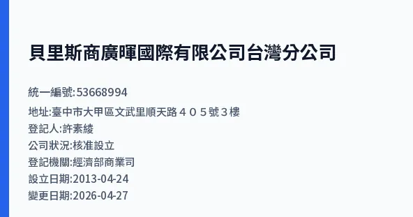 貝里斯商廣暉國際有限公司台灣分公司的照片-統編 53668994(臺中市) 公司登記資料與營業項目詳細圖表
