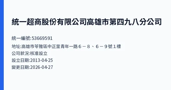統一超商股份有限公司高雄市第四九八分公司的照片-統編 53669591(高雄市) 公司登記資料與營業項目詳細圖表