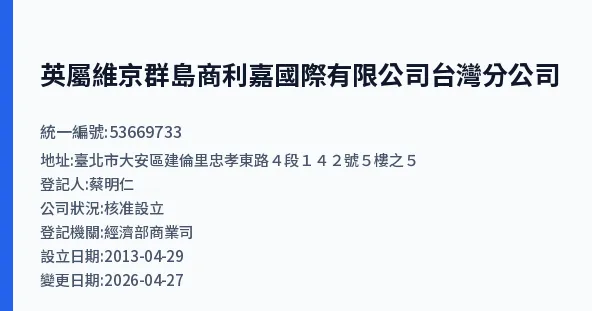 英屬維京群島商利嘉國際有限公司台灣分公司的照片-統編 53669733(臺北市) 公司登記資料與營業項目詳細圖表