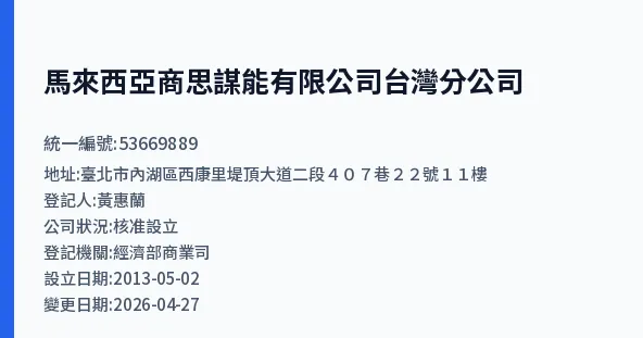 馬來西亞商思謀能有限公司台灣分公司的照片-統編 53669889(臺北市) 公司登記資料與營業項目詳細圖表
